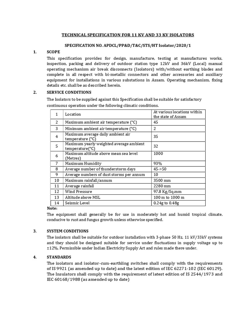 Technical Specification For 11 KV and 33 KV Isolators | PDF