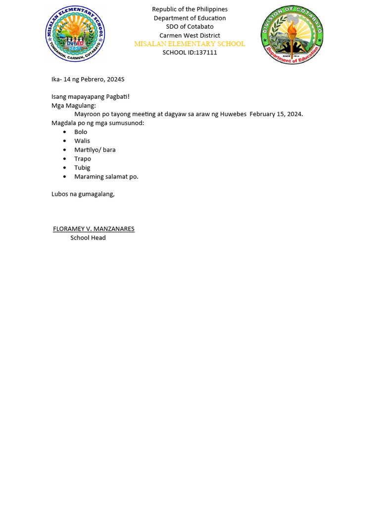 Letter Sa Dagyaw | PDF