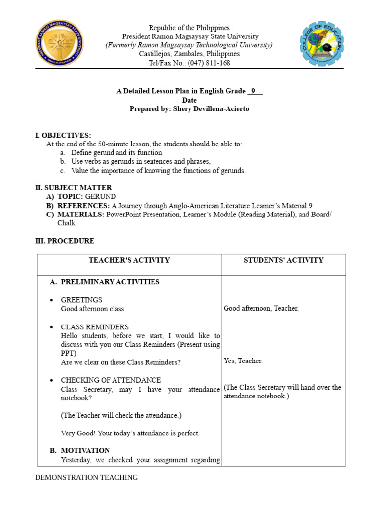 A Detailed Lesson Plan in English Grade 9 | PDF | Verb | Preposition And Postposition