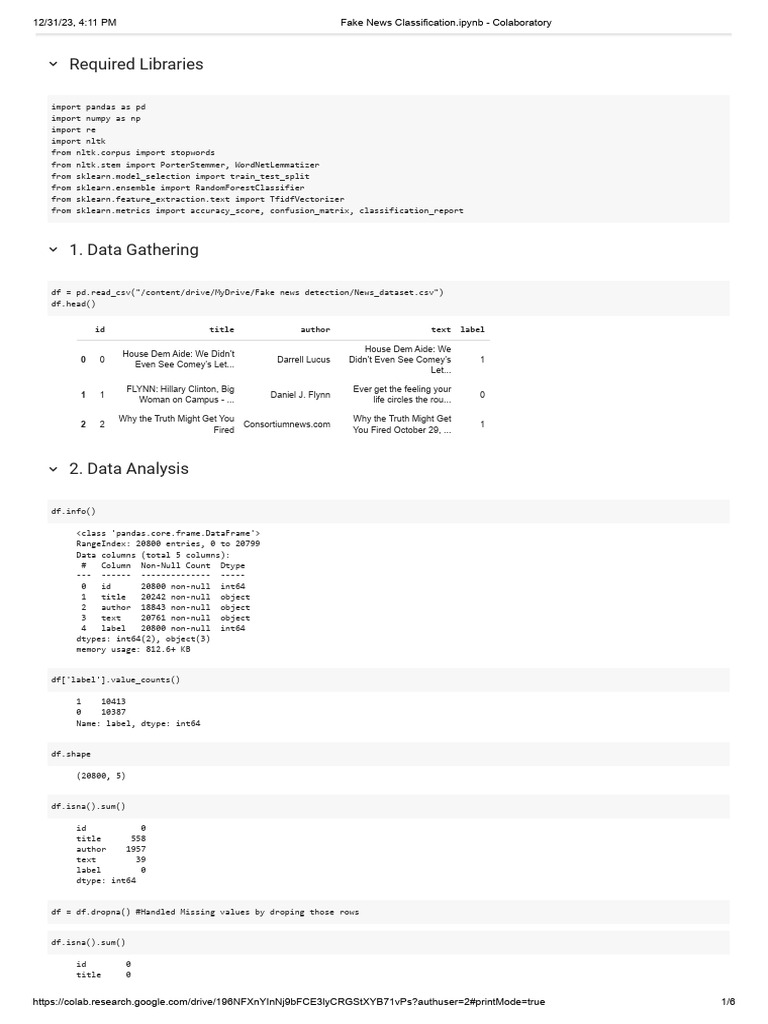 Fake News Classification - Ipynb - Colaboratory | PDF | Accuracy And Precision | Cybernetics