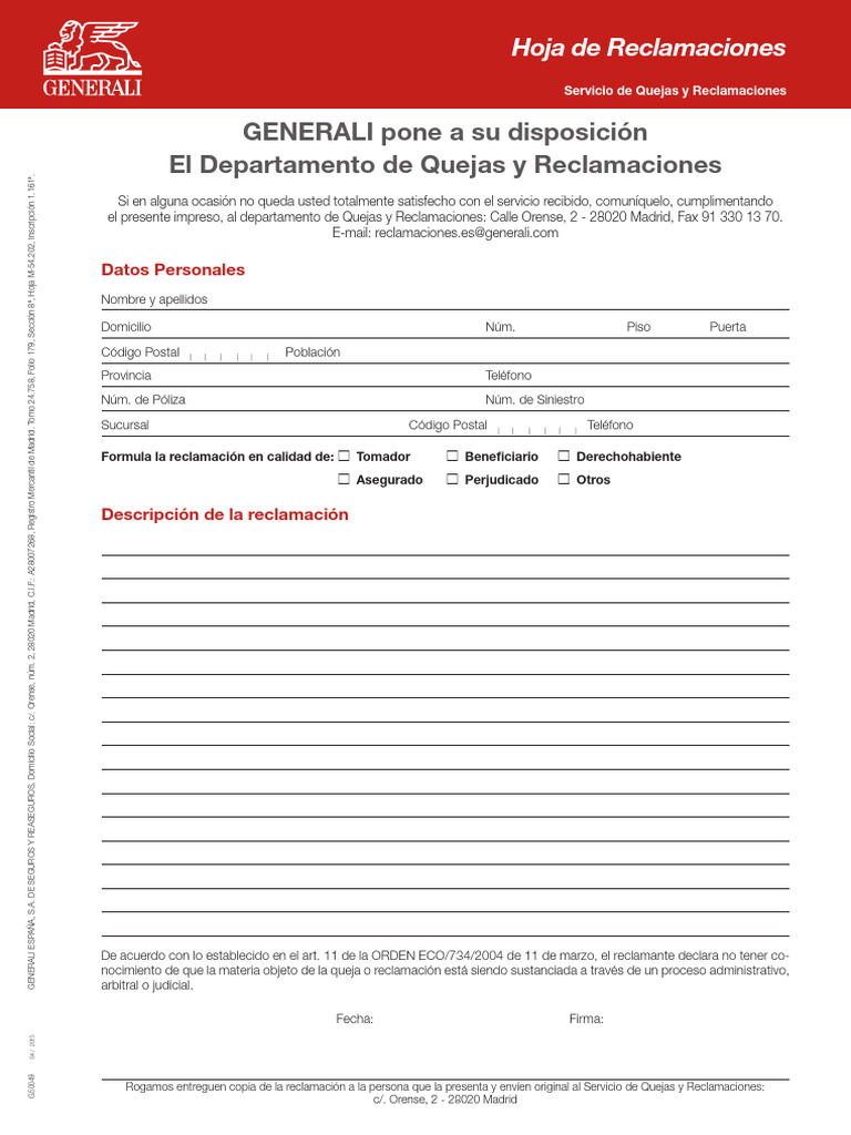 Hoja Reclamaciones Generali | PDF | Riesgo | Servicios financieros