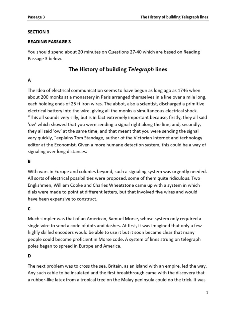 49 Passage 3 - The History of Building Telegraph Lines Q27-40 | PDF ...