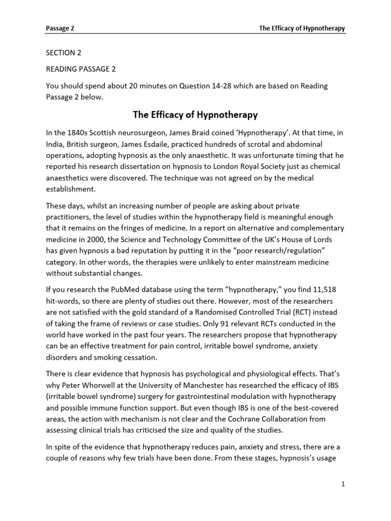 60 Passage 2 - The Efficacy of Hypnotherapy Q14-28 | PDF | Hypnotherapy | Hypnosis
