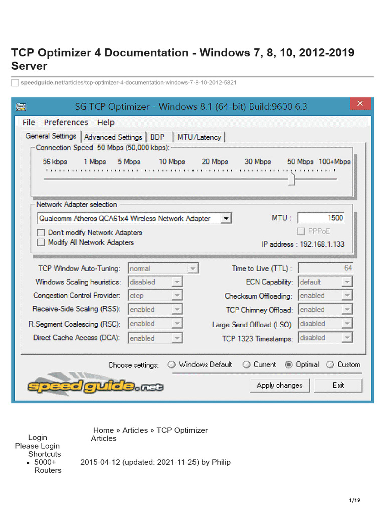 TCP Optimizer 4 Documentation - Windows 7 8 10 2012-2019 Server | PDF ...