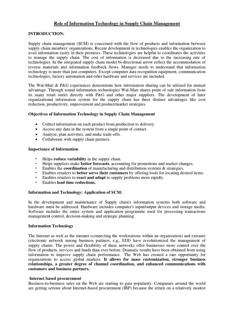 Role of Information Technology in Supply Chain Management | PDF