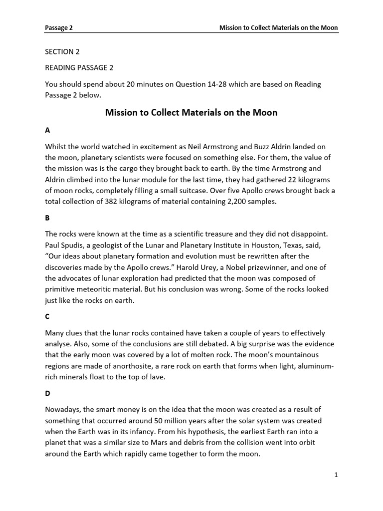 63 Passage 2 - Mission To Collect Materials On The Moon Q14-28 | PDF ...