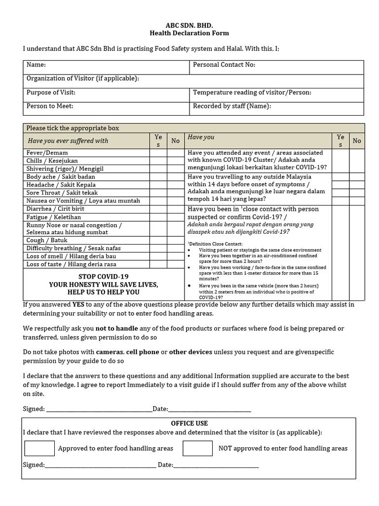 Health Declaration for Food Visitors | PDF