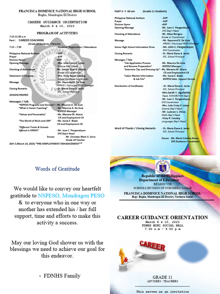 Program of Activities in Career Coachinh FDNHS - 2022 | PDF