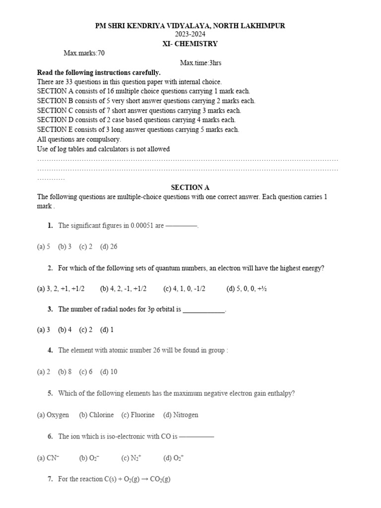 Chemistry Sample Paper 2023-2024 Xi | PDF