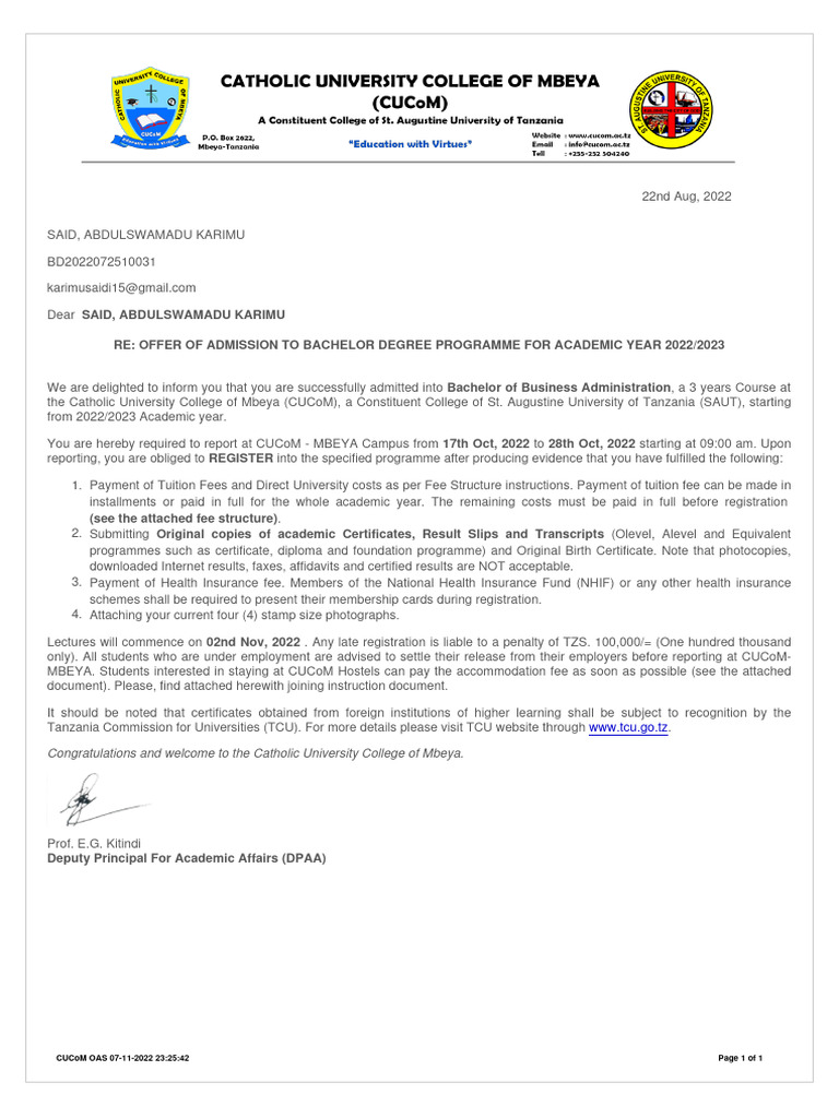 CUCoM Admission Offer and Instructions | PDF | Fee | Educational Stages