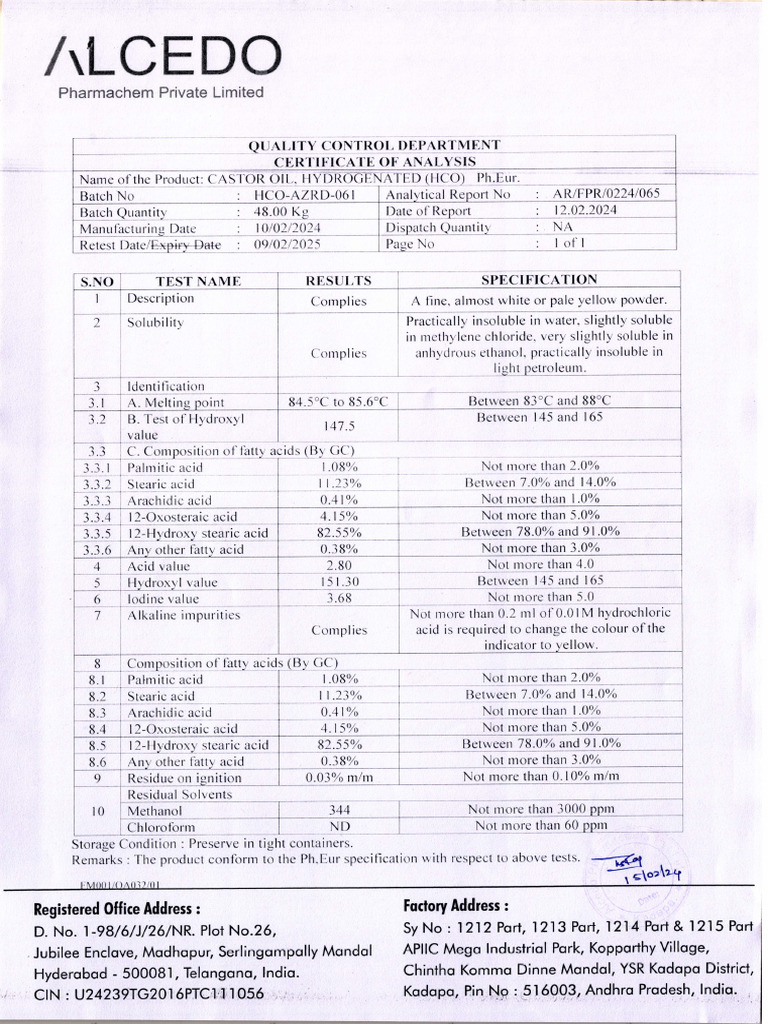 Hydrogenated Castor Oil PH - Eur COA (HCO-AZRD-061) | PDF | Chemical ...