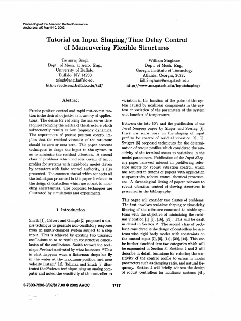 2002 Tutorial On Input Shaping Time Delay Control of Maneuvering Flexible Structures | PDF ...