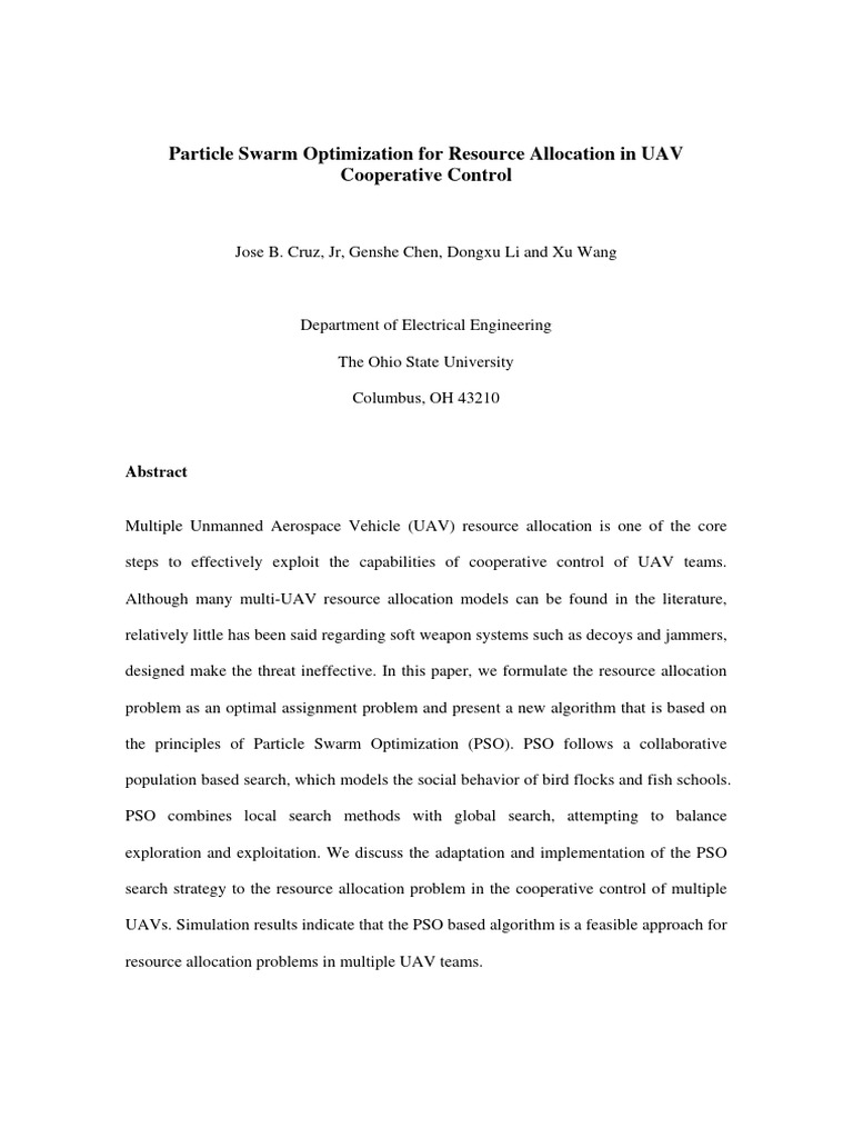 Particle Swarm Optimization For Resource Allocation in UAV Cooperative Control | PDF