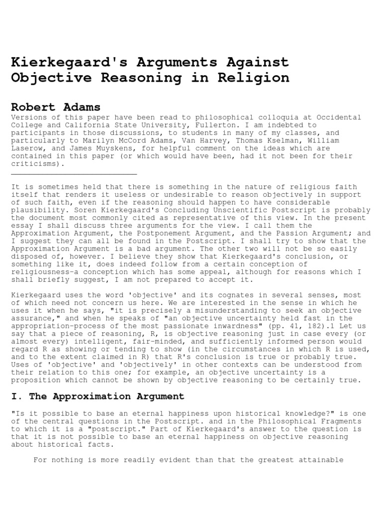 Adames Kierkegaard Arguments Against | PDF | Søren Kierkegaard | Faith