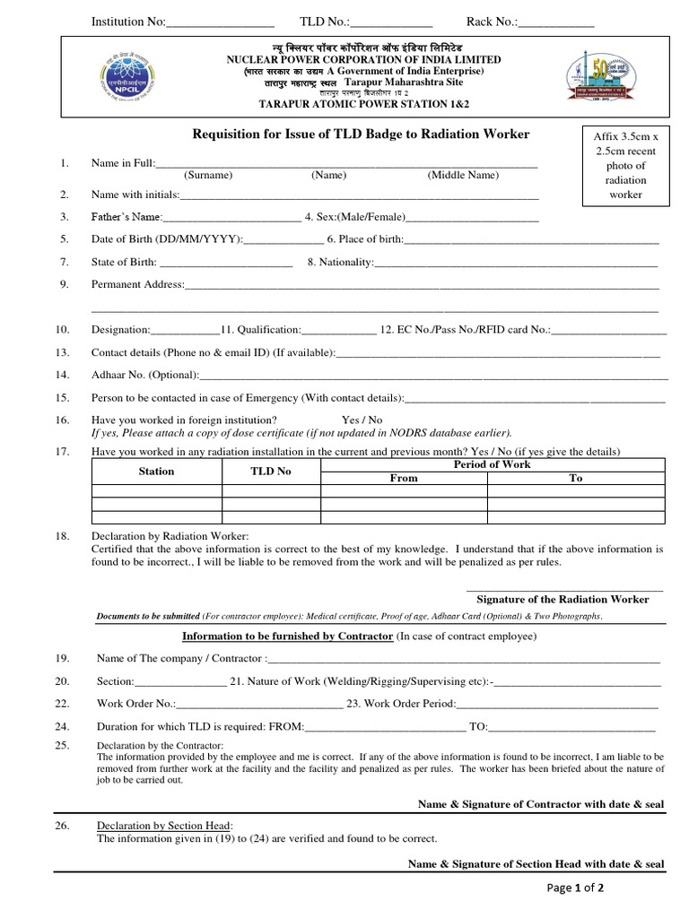 DOSE HISTORY FORM FOR DAE and Contractor Employees | PDF
