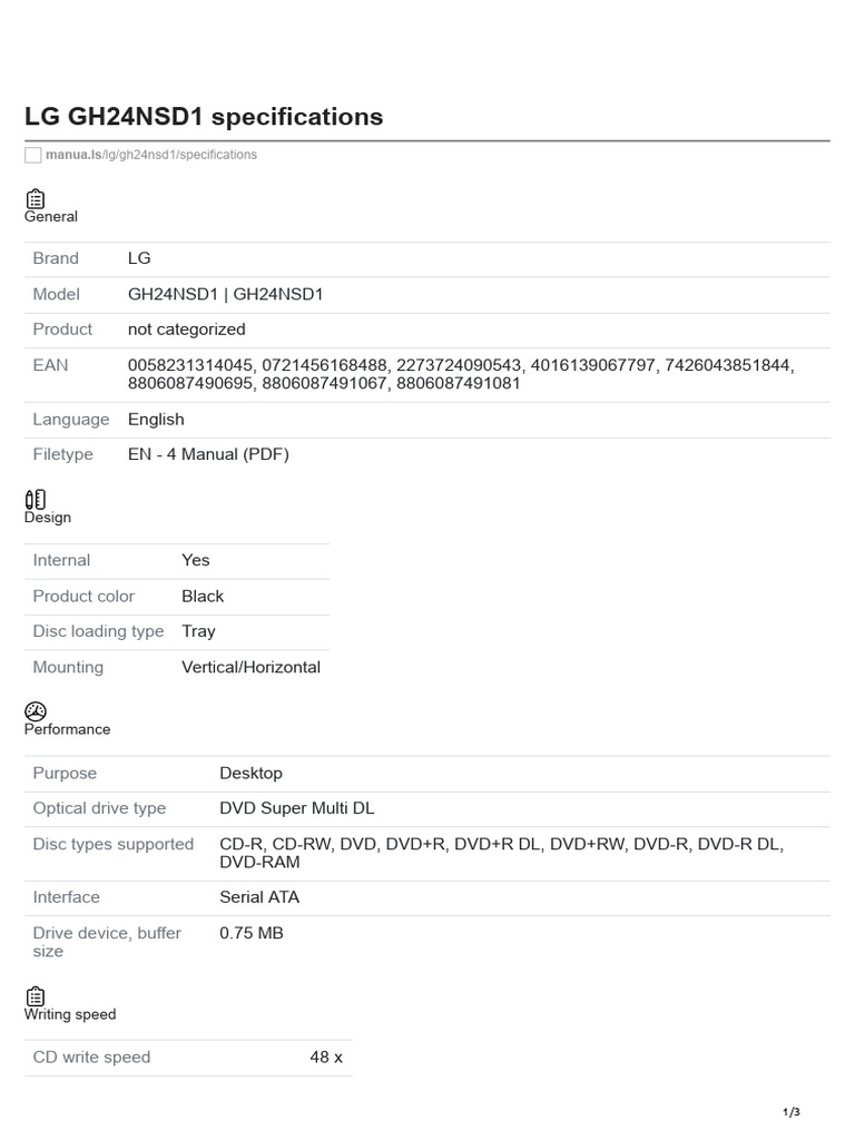 Manua - LS-LG GH24NSD1 Specifications | PDF | Consumer Electronics | Computer Data Storage