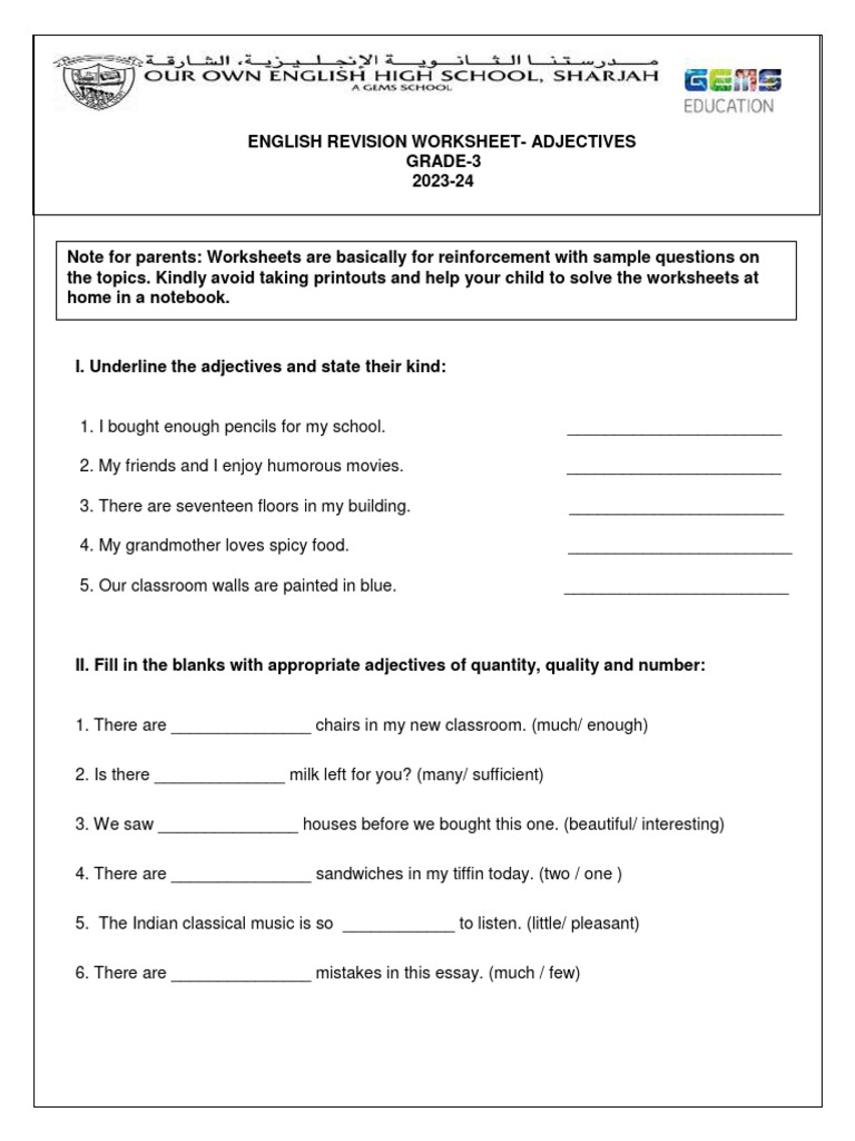 Grade 3 Adjectives Worksheet | PDF | Syntax | Linguistic Morphology