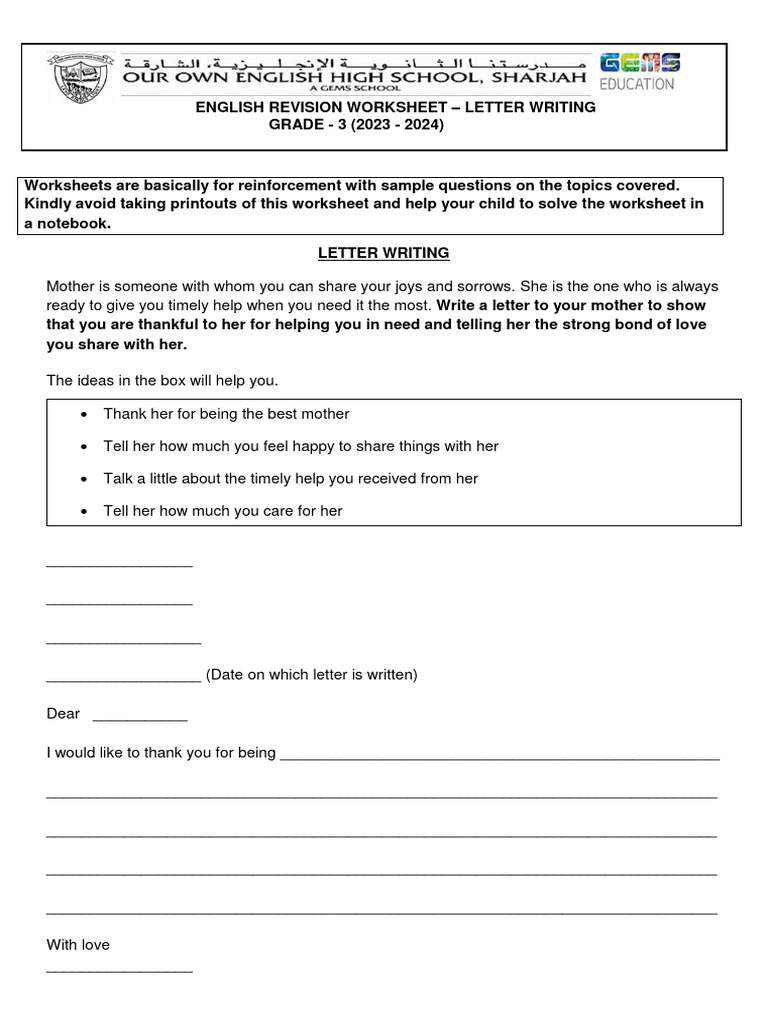 Grade 3 English Letter Writing Revision Worksheet 2023-24 | PDF ...