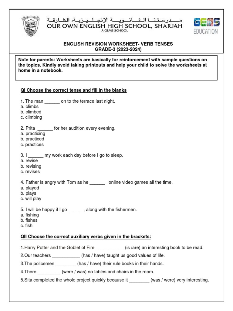 Grade 3 - Verb Tenses Revision Worksheet - 2023-24 | PDF