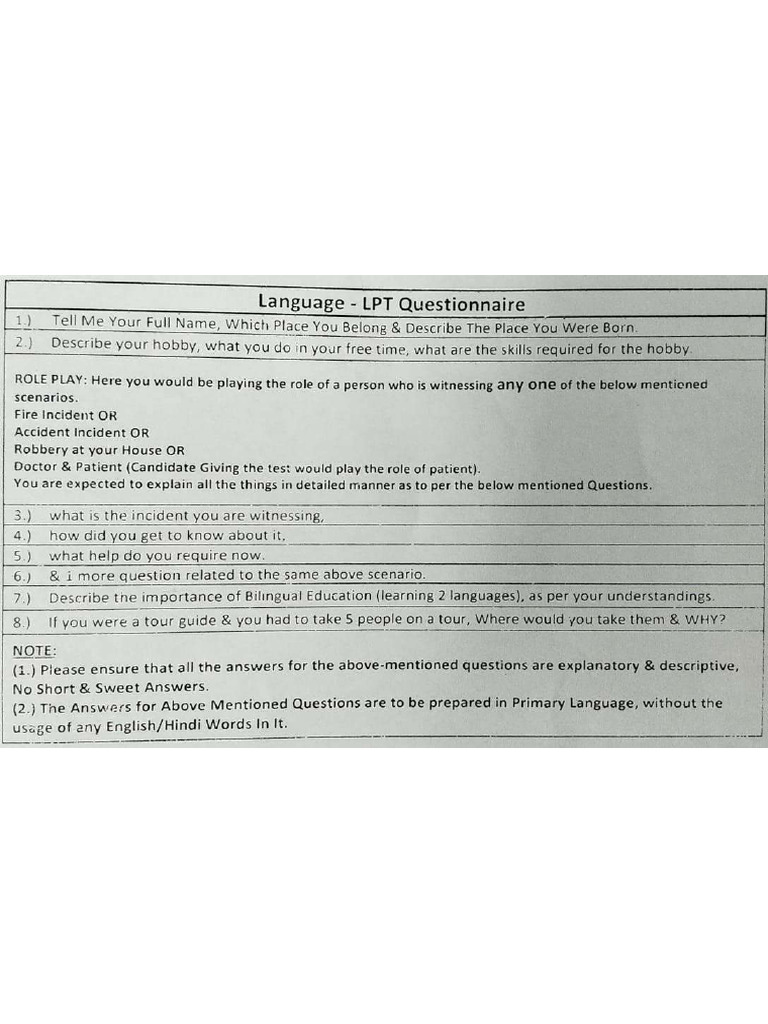 Language Questionnaire | PDF