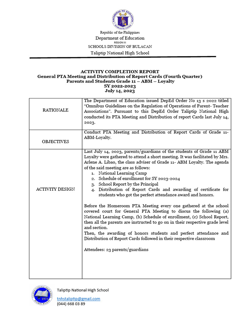 ACR-PTA MEETING AND DIS-11 Abm 4th QRTR | PDF | Wellness