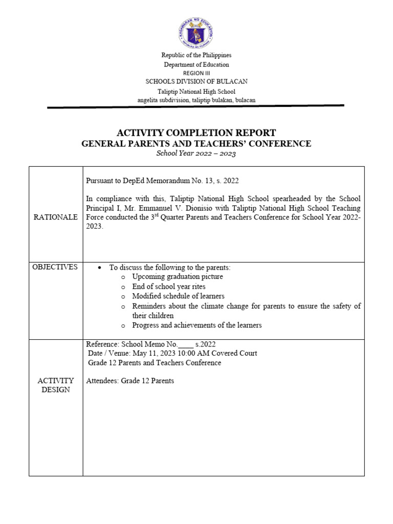 Activity Completion Report-General Pta | PDF