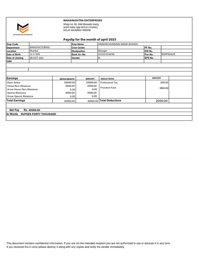 April Pay Slip | PDF