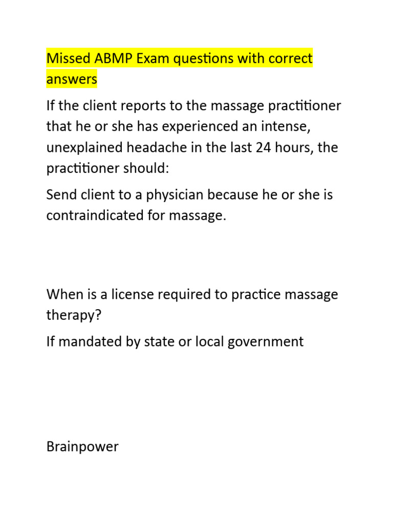 Missed ABMP Exam Questions With Correct Answers | PDF | Massage | Pain