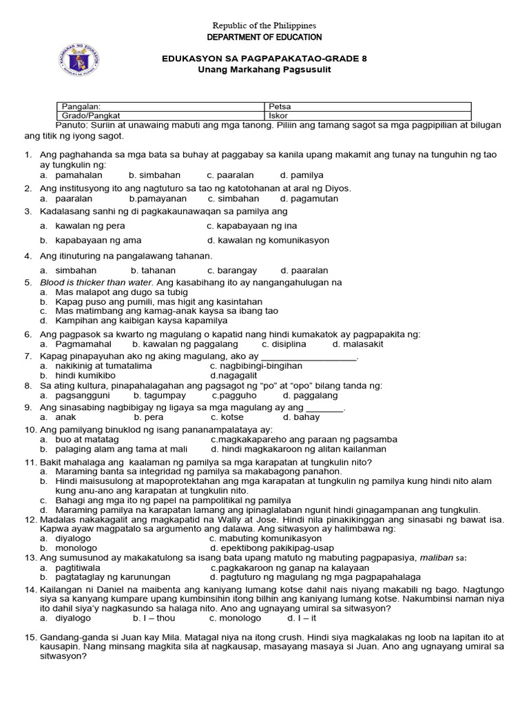 ESP Grade 8 Periodical Exam | PDF