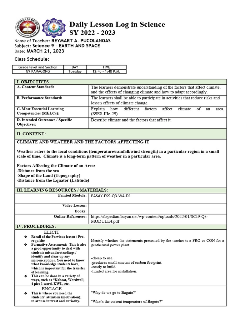 DLL Observation COT 01 | PDF | Learning | Climate