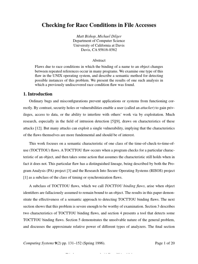 Detecting Race Conditions in File Accesses: Analysis Finds Previously ...