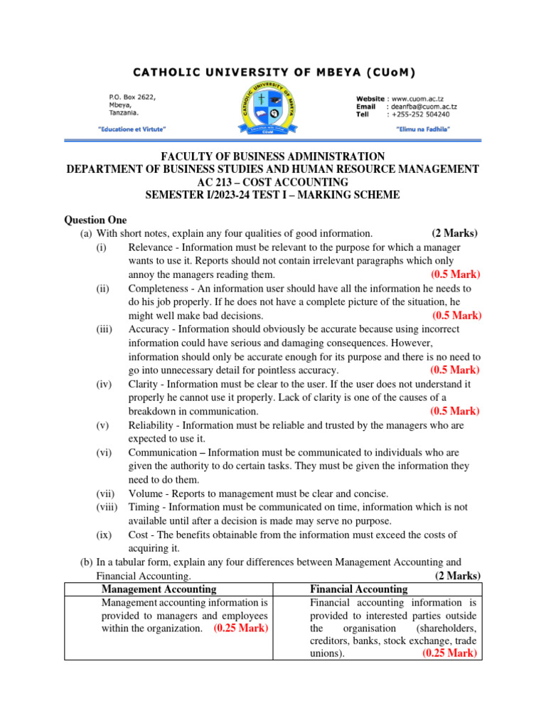 Test 1 - AC 213 - Marking Scheme | PDF | Business Economics | Business ...