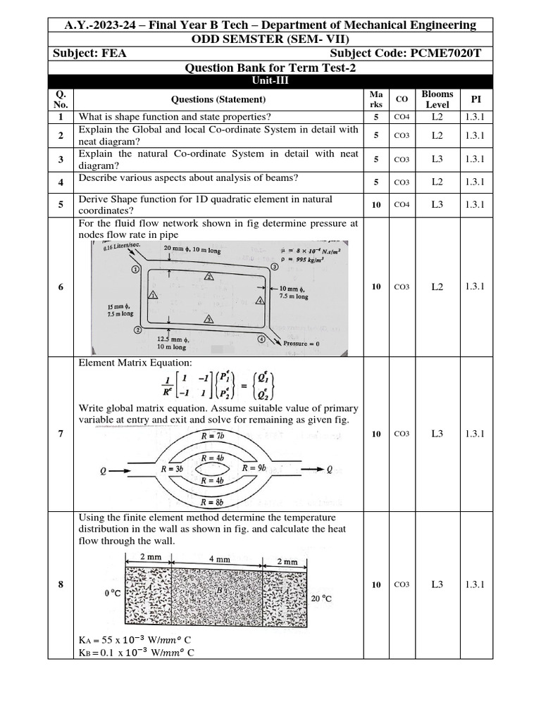 FEA TT2 - Question Bank | PDF | Finite Element Method | Mechanics