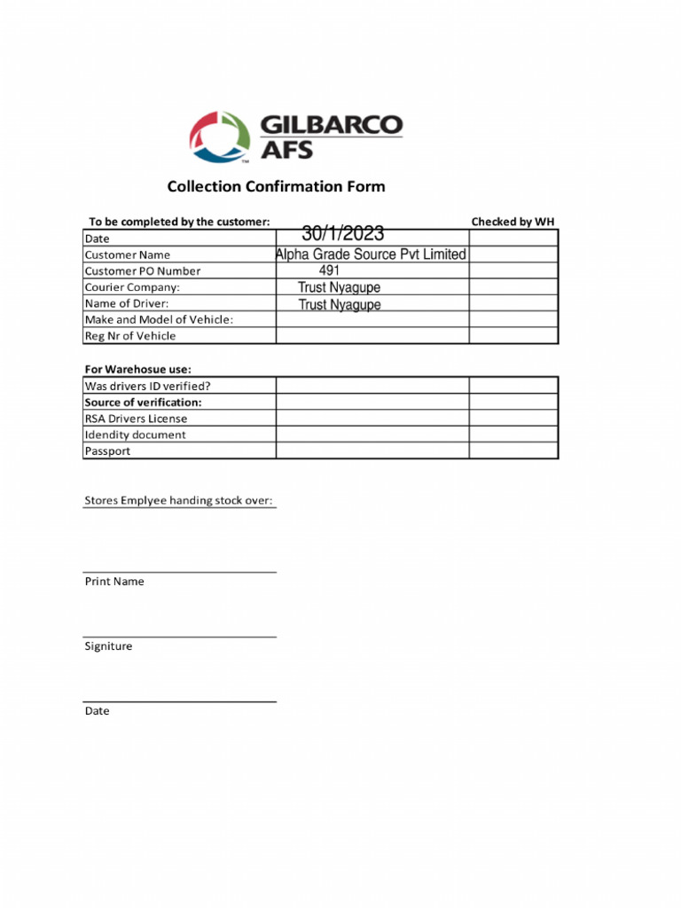 Collection Confirmation Form | PDF