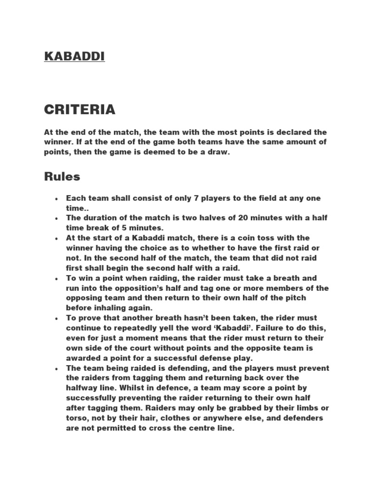 Kabaddi Match Duration and Rules | PDF