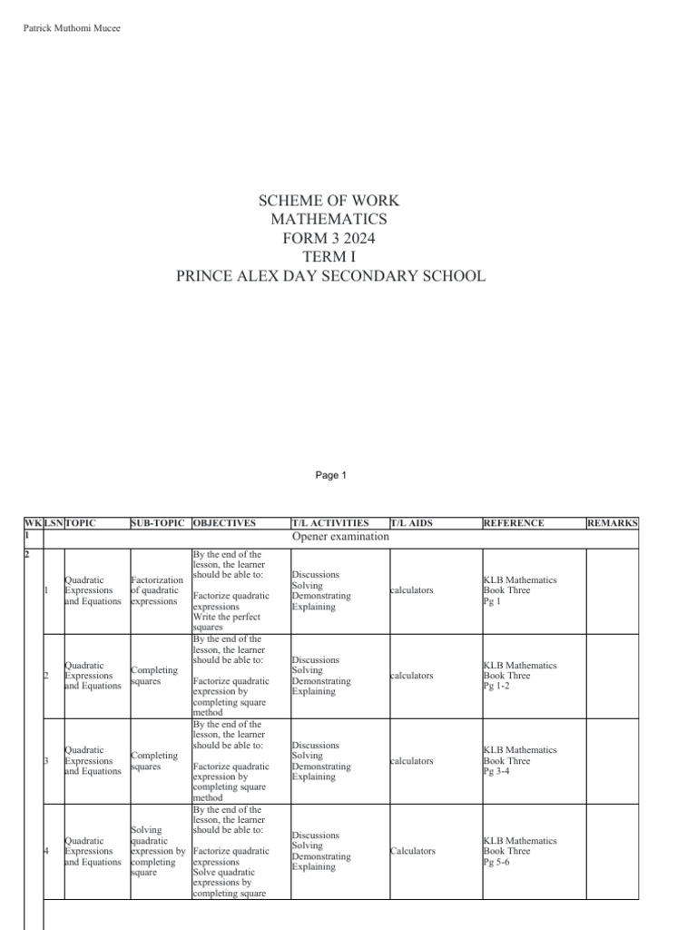Form 3 Math Scheme: Term 1 2024 | PDF | Trigonometry | Quadratic Equation
