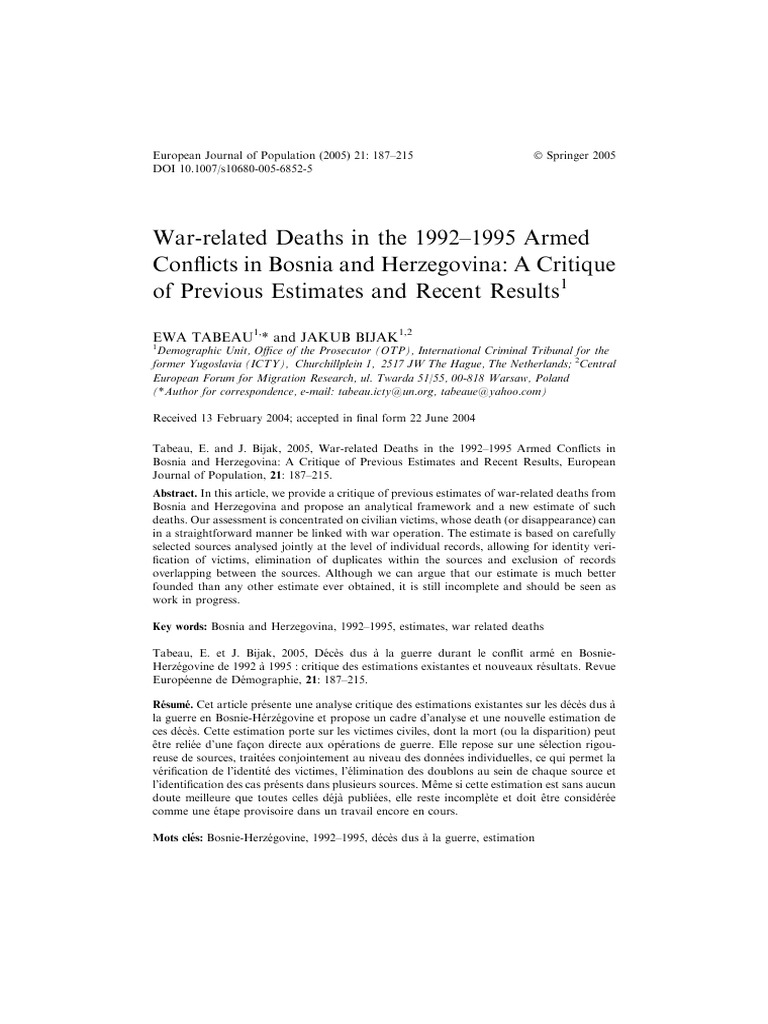 War-Related Deaths in The 1992-1995 Armed Conflicts in Bosnia and ...