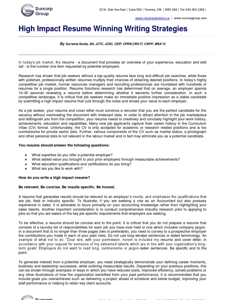 High Impact Resume - Winning Writing Strategies | Download Free PDF ...