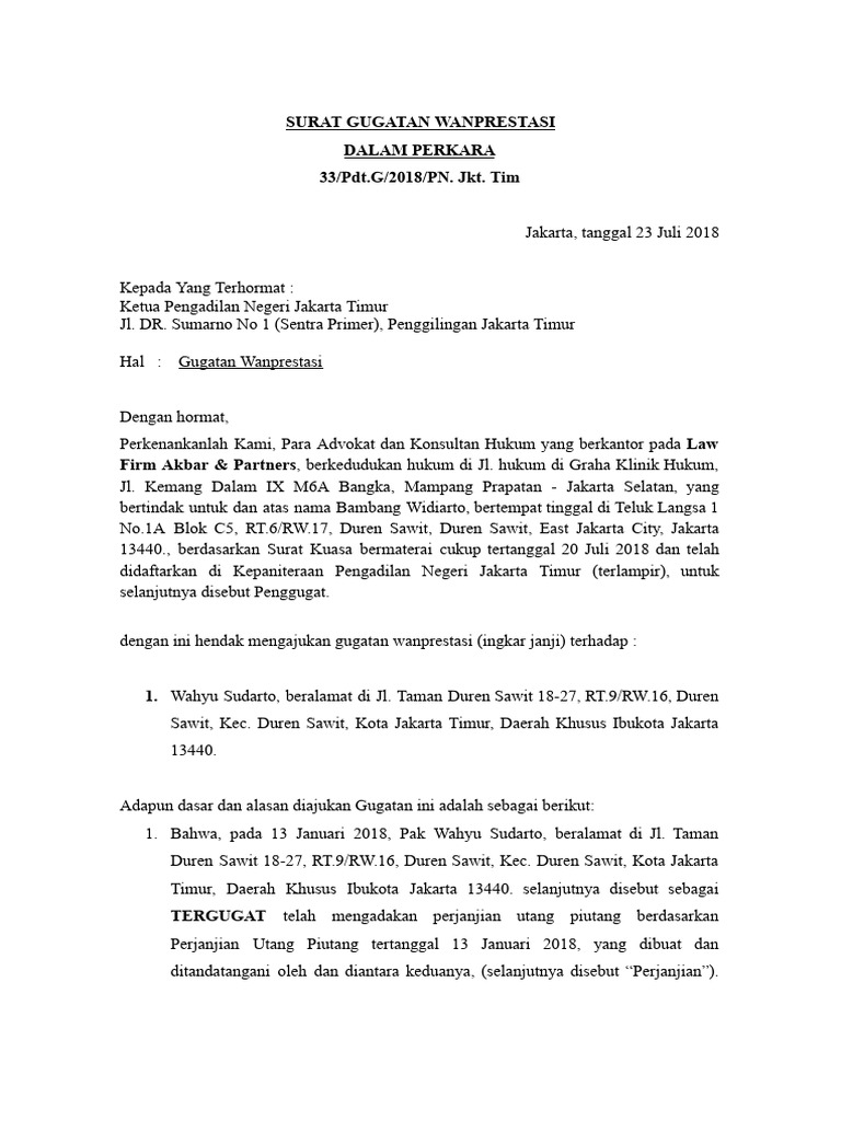 Surat Gugatan Wanprestasi Wahyu | PDF