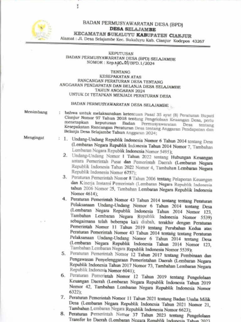 SK BPD Tentang Kesepakatan Apbdes 2024 | PDF