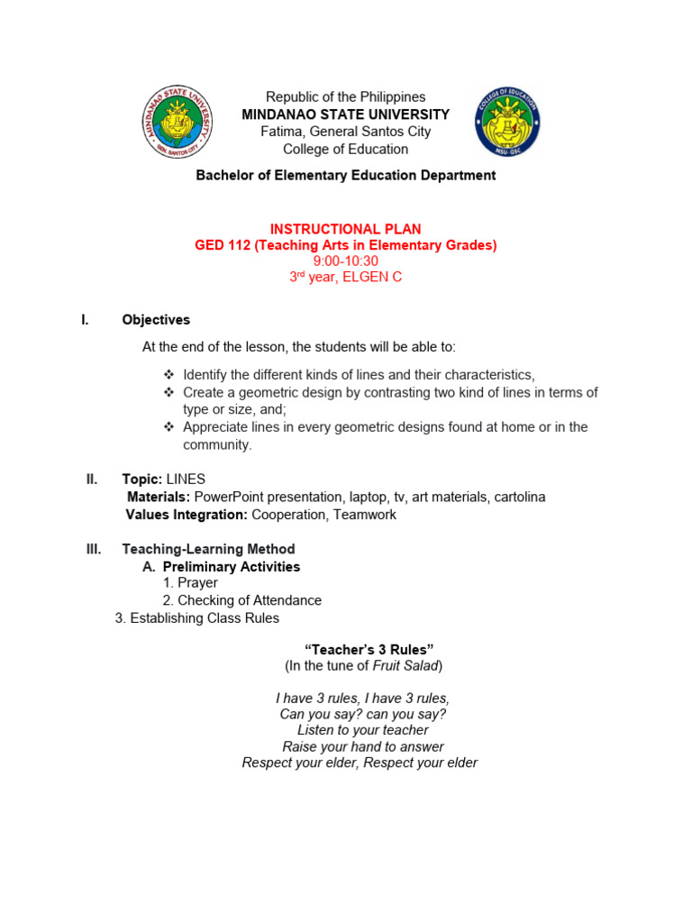 Lesson Plan in Lines | PDF | Weaving | Teachers