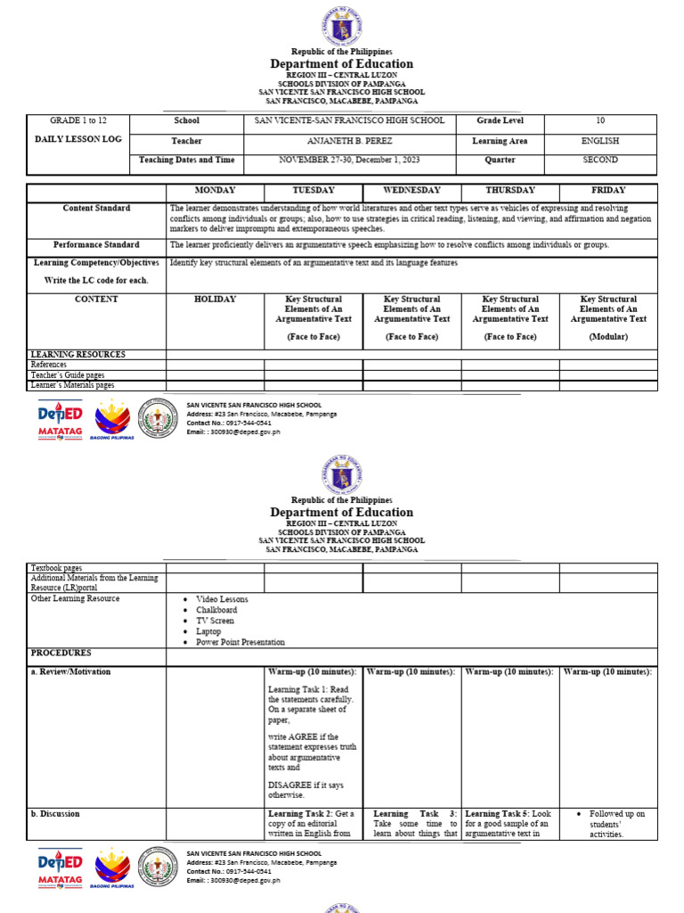 DLL English 10 q2 w4 | PDF | Learning | Human Communication