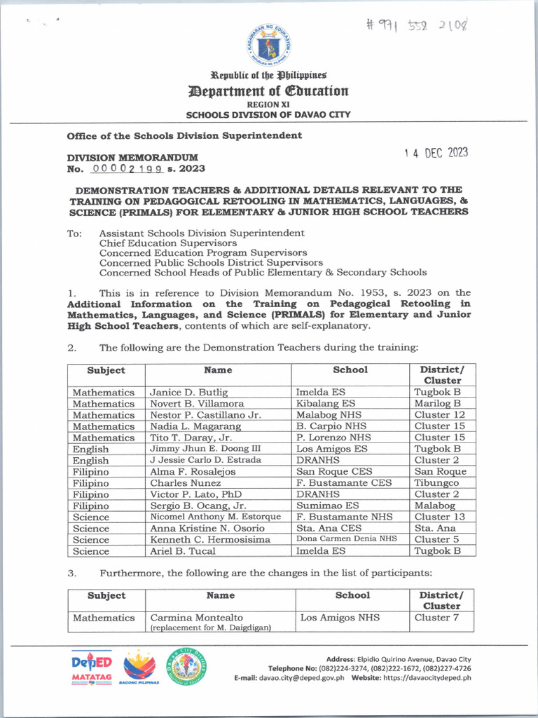 2023 DM No. 2199 DEMONSTRATION TEACHERS ADDITIONAL DETAILS RELEVANT TO ...