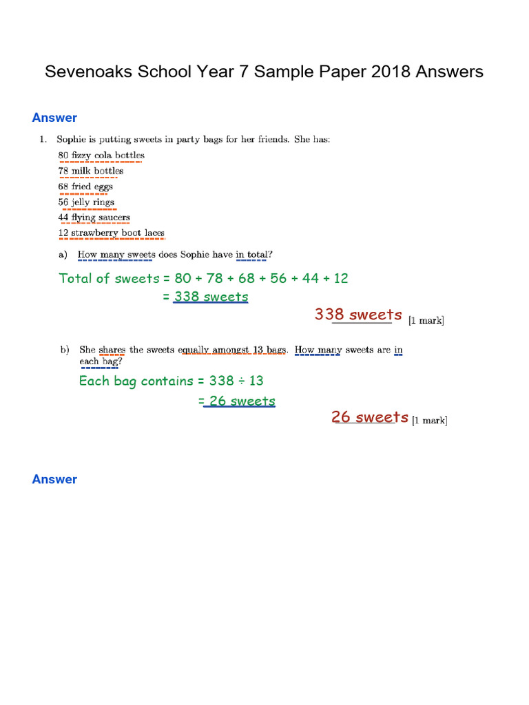 Sevenoaks Year 7 Sample Paper Answers | PDF