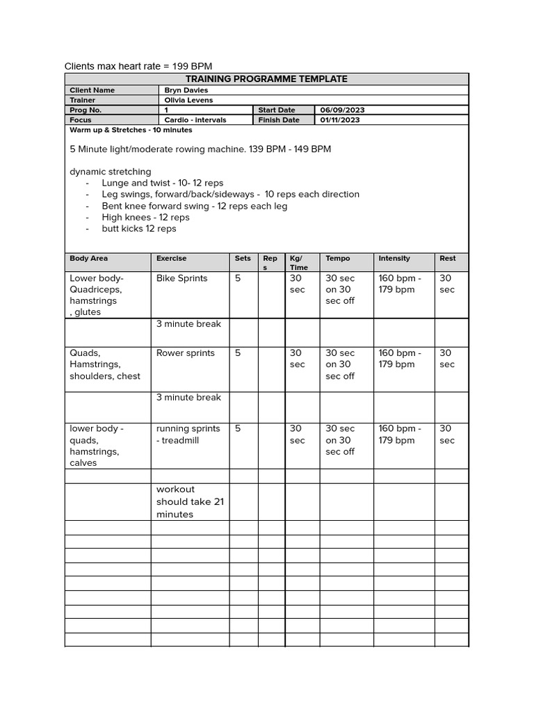 Training Programme Template A4 | PDF | Heart Rate | Physical Fitness