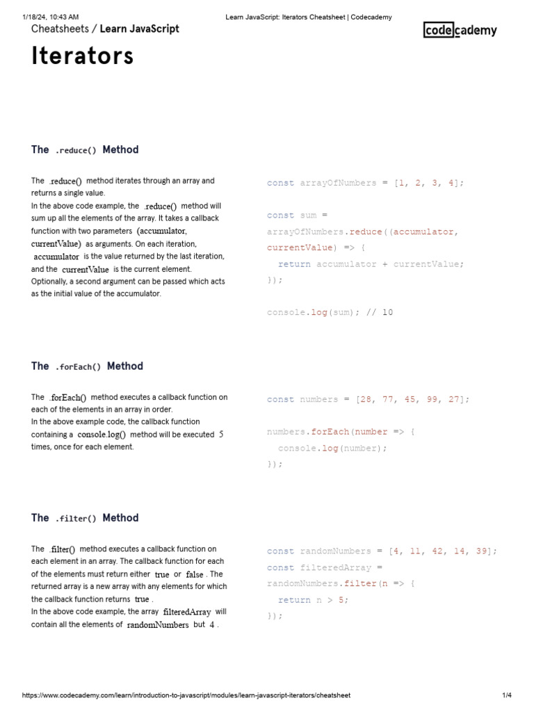 Learn JavaScript - Iterators Cheatsheet - Codecademy | PDF Learn JavaScript - Iterators Cheatsheet - Codecademy | PDF
