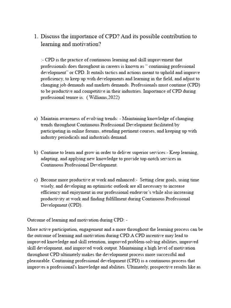 Discuss The Importance of CPD? and Its Possible Contribution To Learning and Motivation? | PDF ...