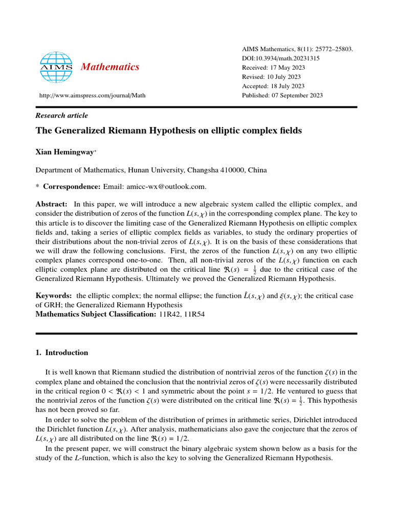 10.3934 Math.20231315 | PDF | Complex Number | Ellipse