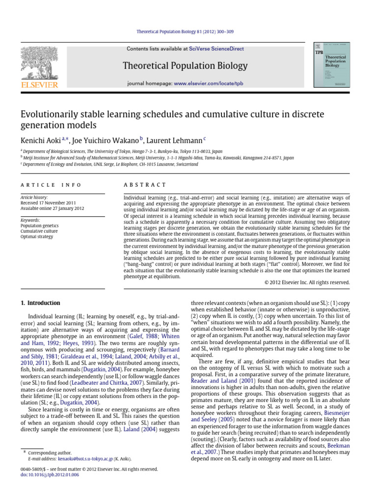 Aoki, Wakano & Lehmann (2012) - Evolutionarily Stable Learning Schedules and Cumulative Culture ...