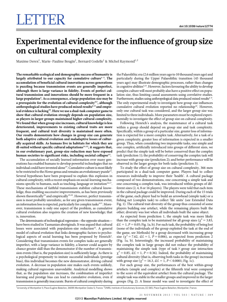 Derex Et Al. (2013) - Experimental Evidence For The Influence of Groups ... Derex Et Al. (2013) - Experimental Evidence For The Influence of Groups ...